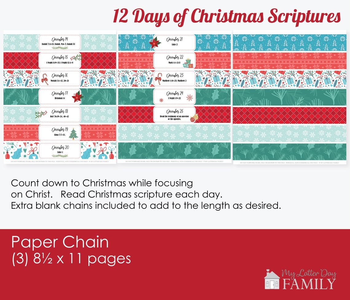 Printable Christmas Paper Chain Countdown, 12 Days of Christmas ...
