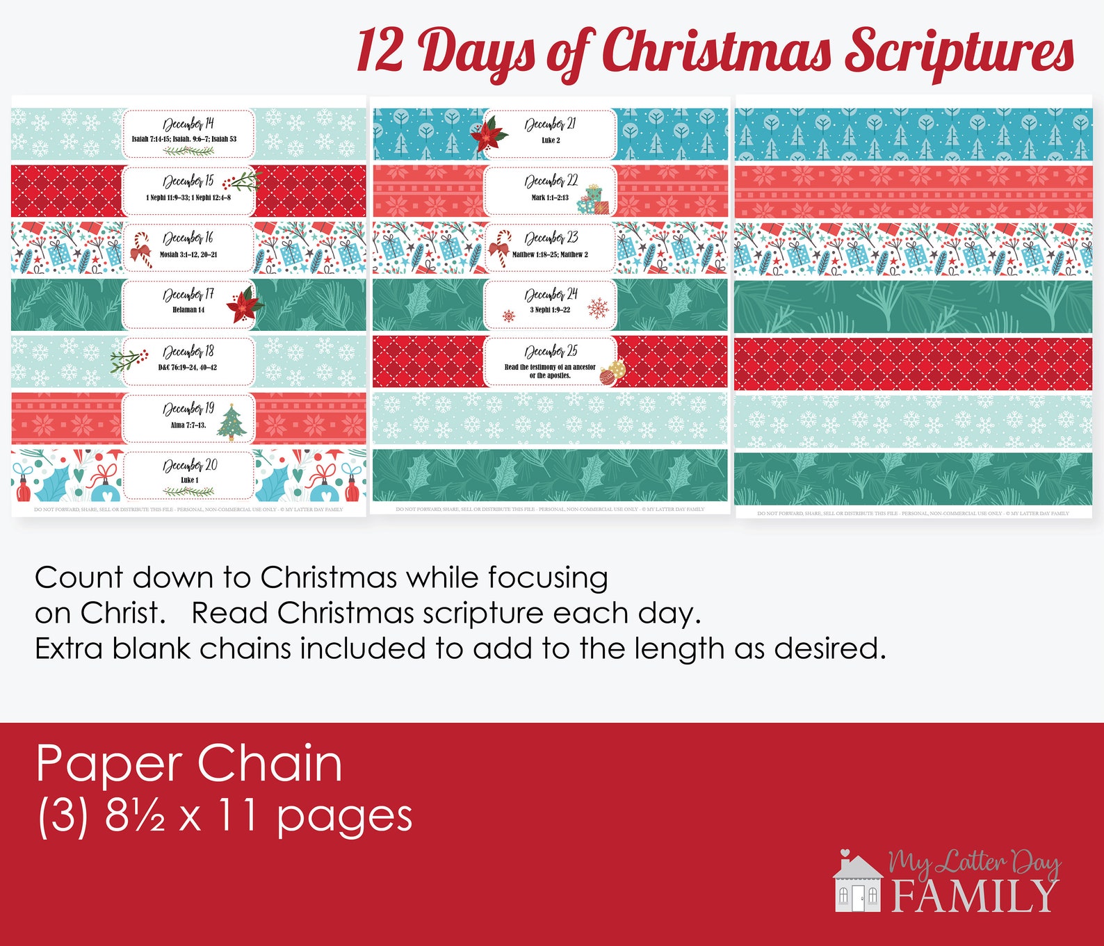 Printable Christmas Paper Chain Countdown, 12 Days of Christmas ...