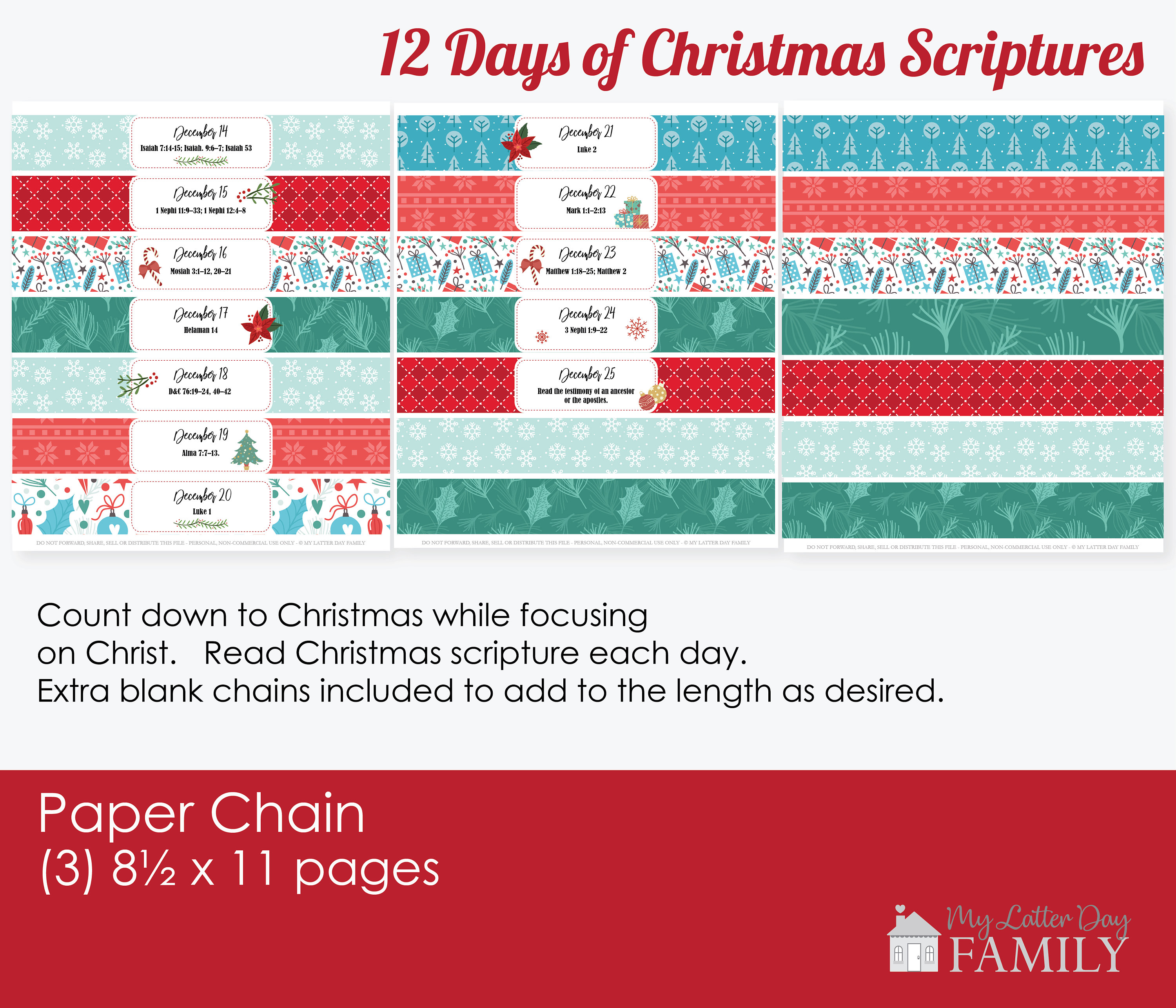 Printable Christmas Paper Chain Countdown, 12 Days of Christmas ...