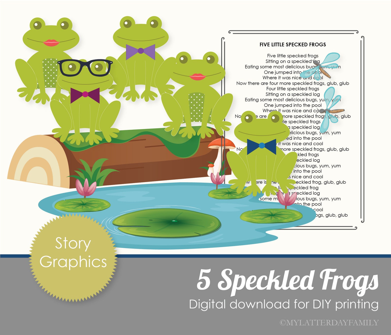 Five Speckled Frogs Sitting on a Log Story Rhyme Graphics for Story ...