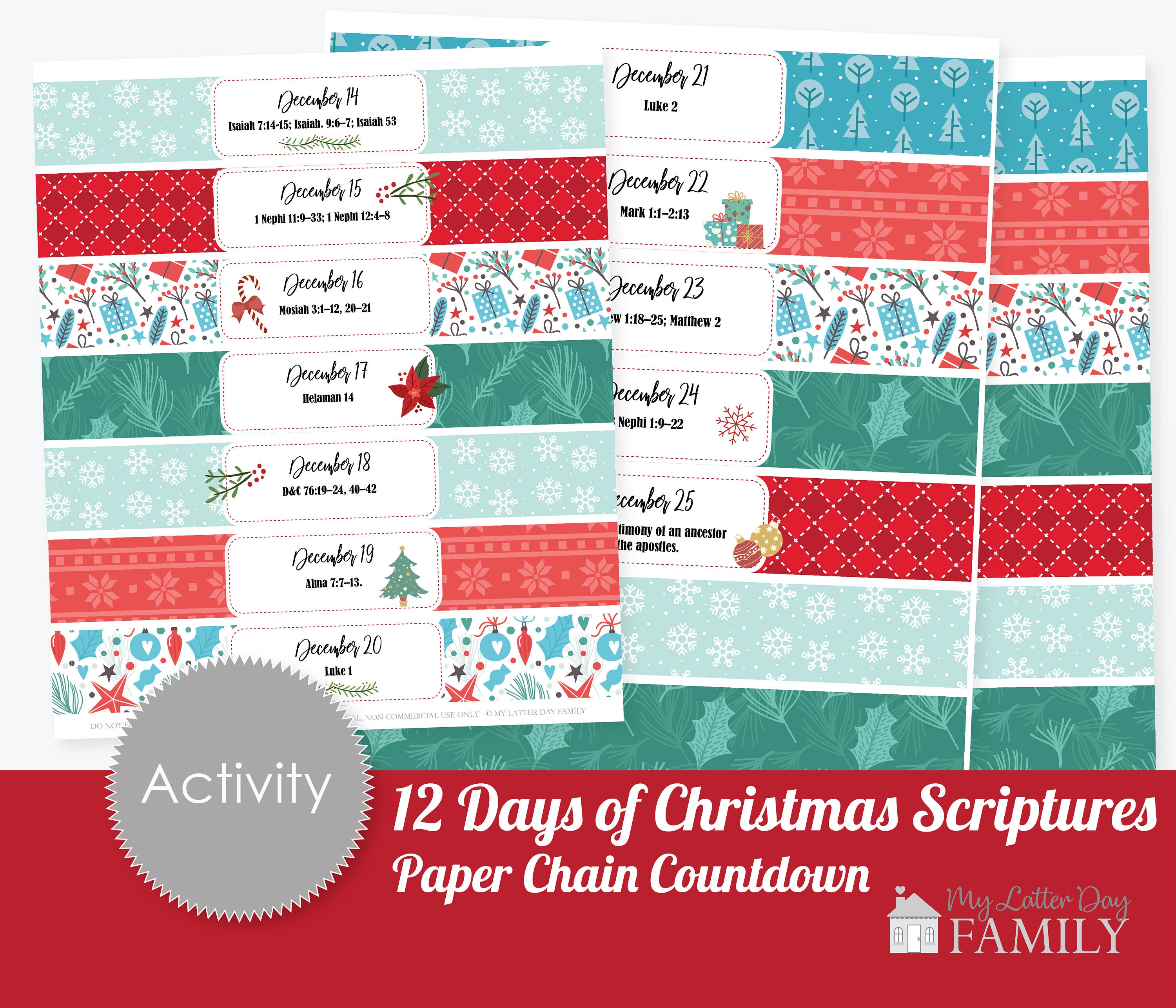 Printable Christmas Paper Chain Countdown, 12 Days of Christmas ...