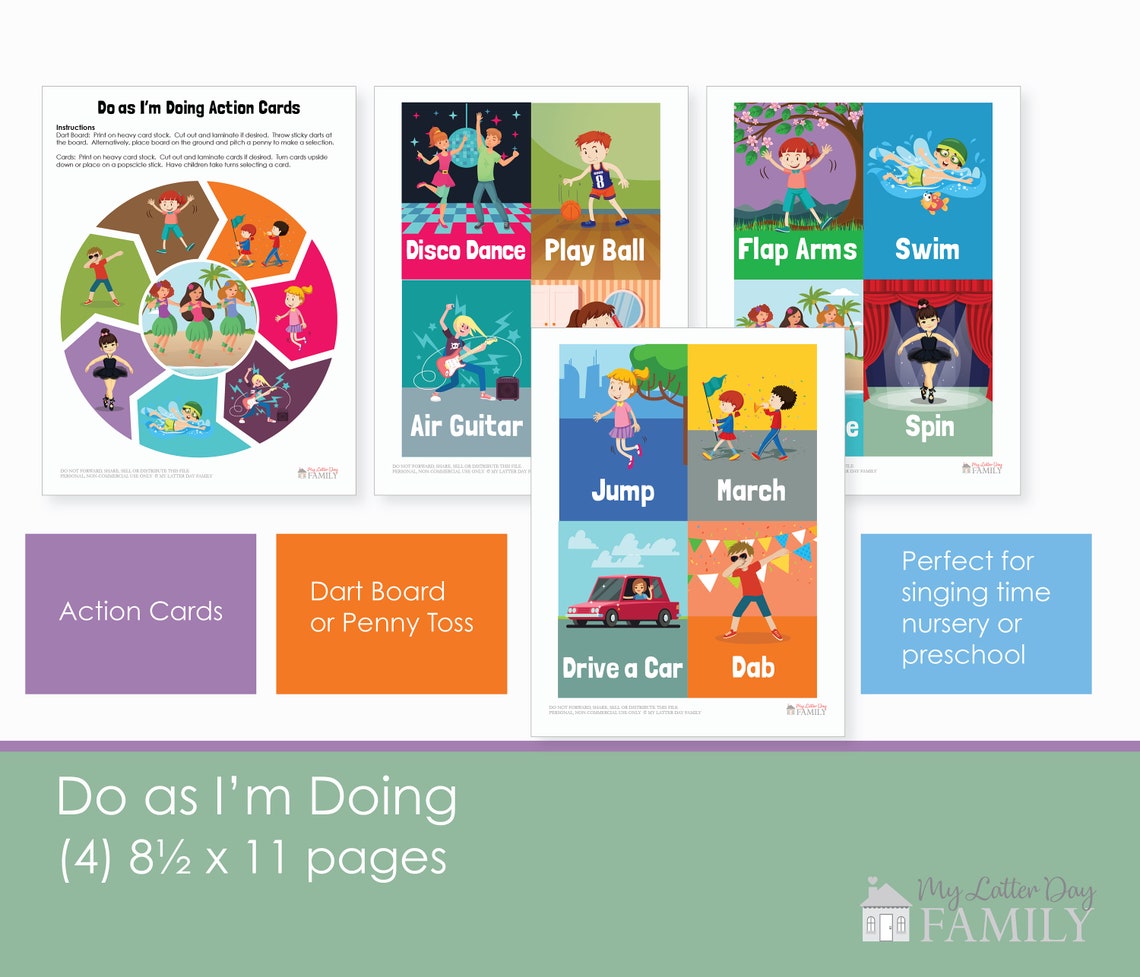 Music Time Activities Printable Do as I'm Doing Action Cards and Dart ...