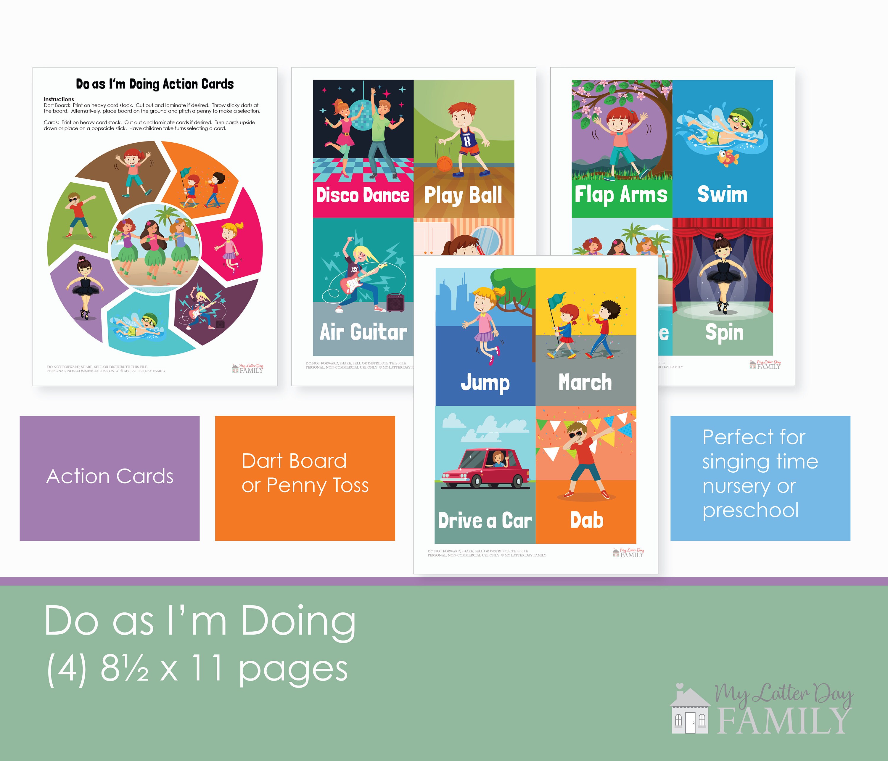 Music Time Activities Printable Do as I'm Doing Action Cards and Dart ...