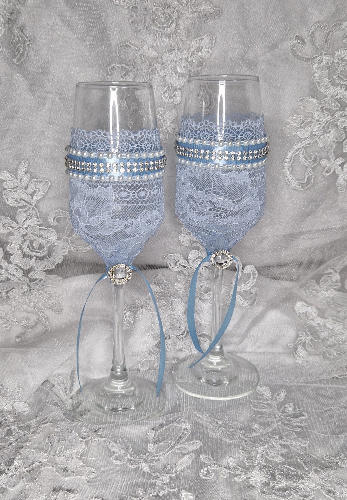 Light Blue Lace Wedding Set: Champagne Glasses & Candle - Etsy