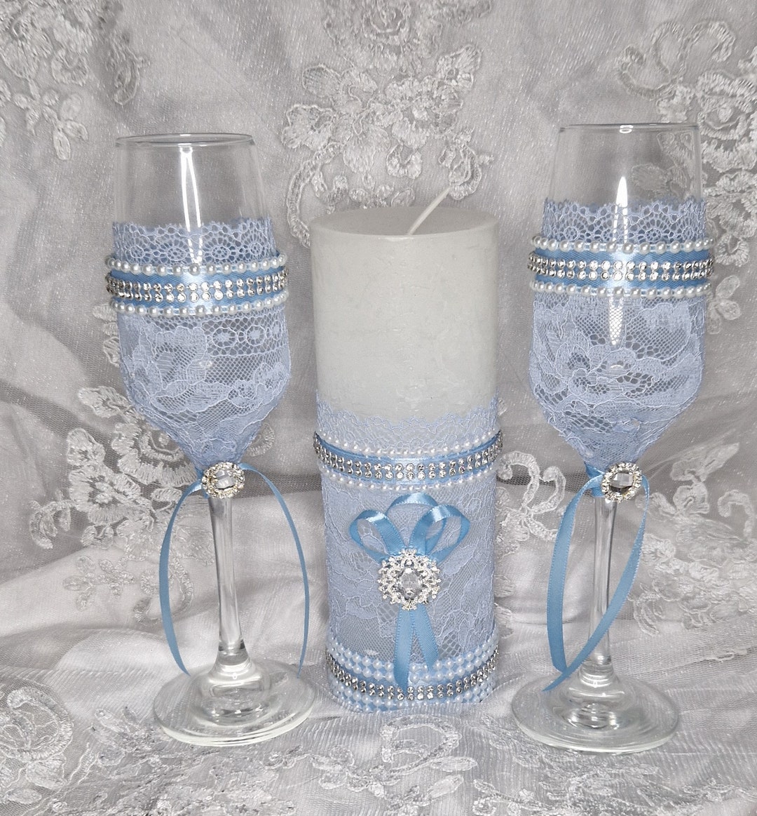 Light Blue Lace Wedding Set: Champagne Glasses & Candle - Etsy