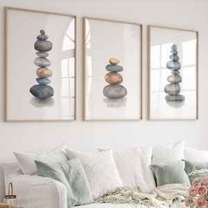 Set of 3 Stacked Rocks Watercolor Paintings Art Prints, Zen Pebbles ...