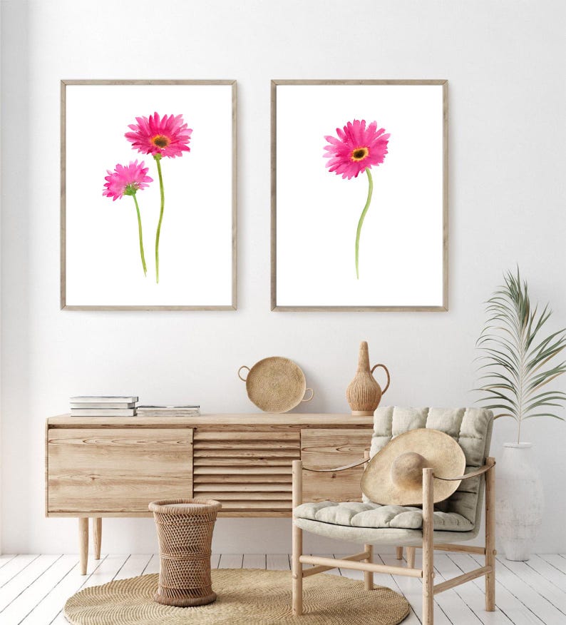 Set of 2 Gerbera Watercolour Painting Print, Botanical Flower Painting ...