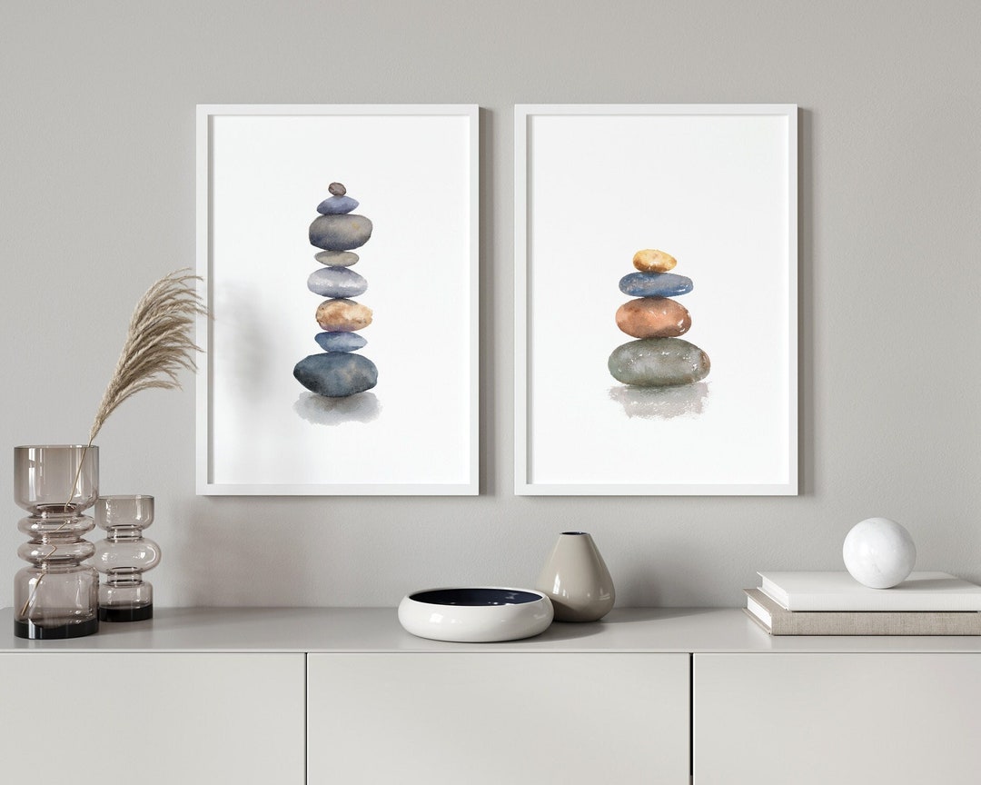 Set of 2 Stacked Rocks Art Prints, Stacked Rocks Watercolour Paintings ...