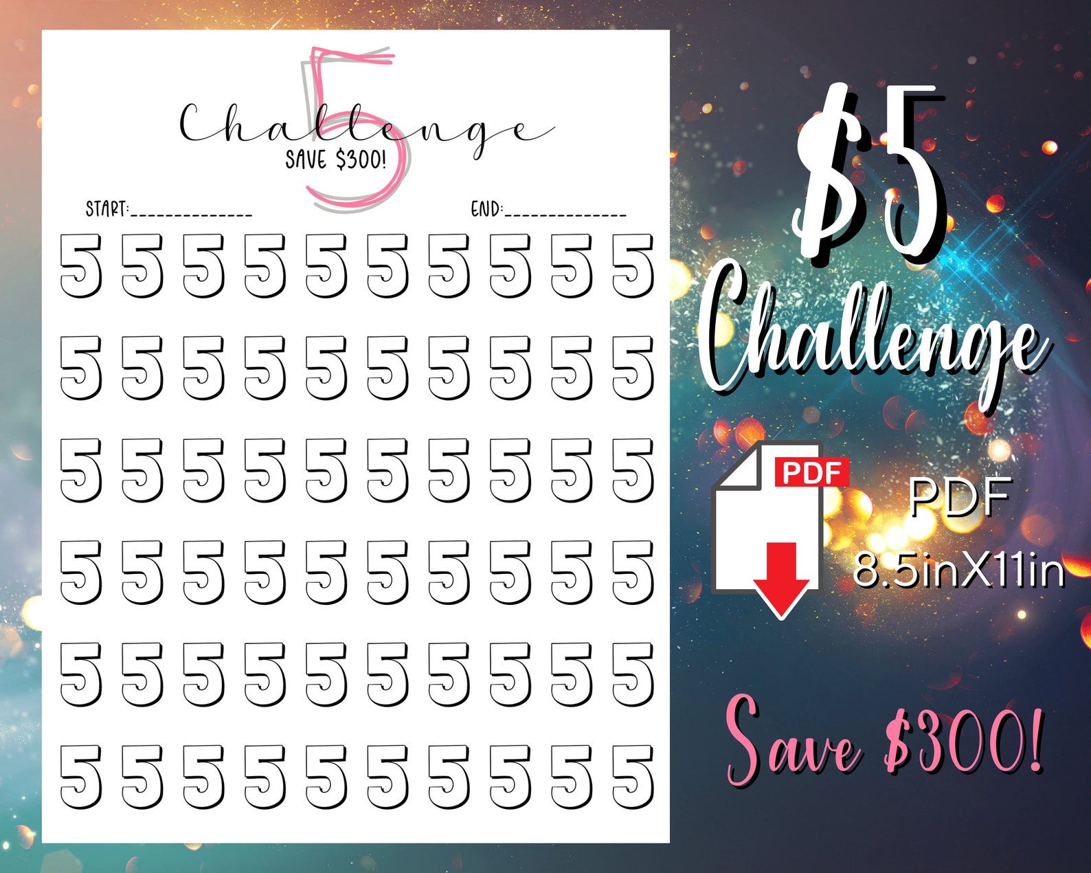 5 Dollar Savings Challenge | Lettered Size High Quality PDF Download ...