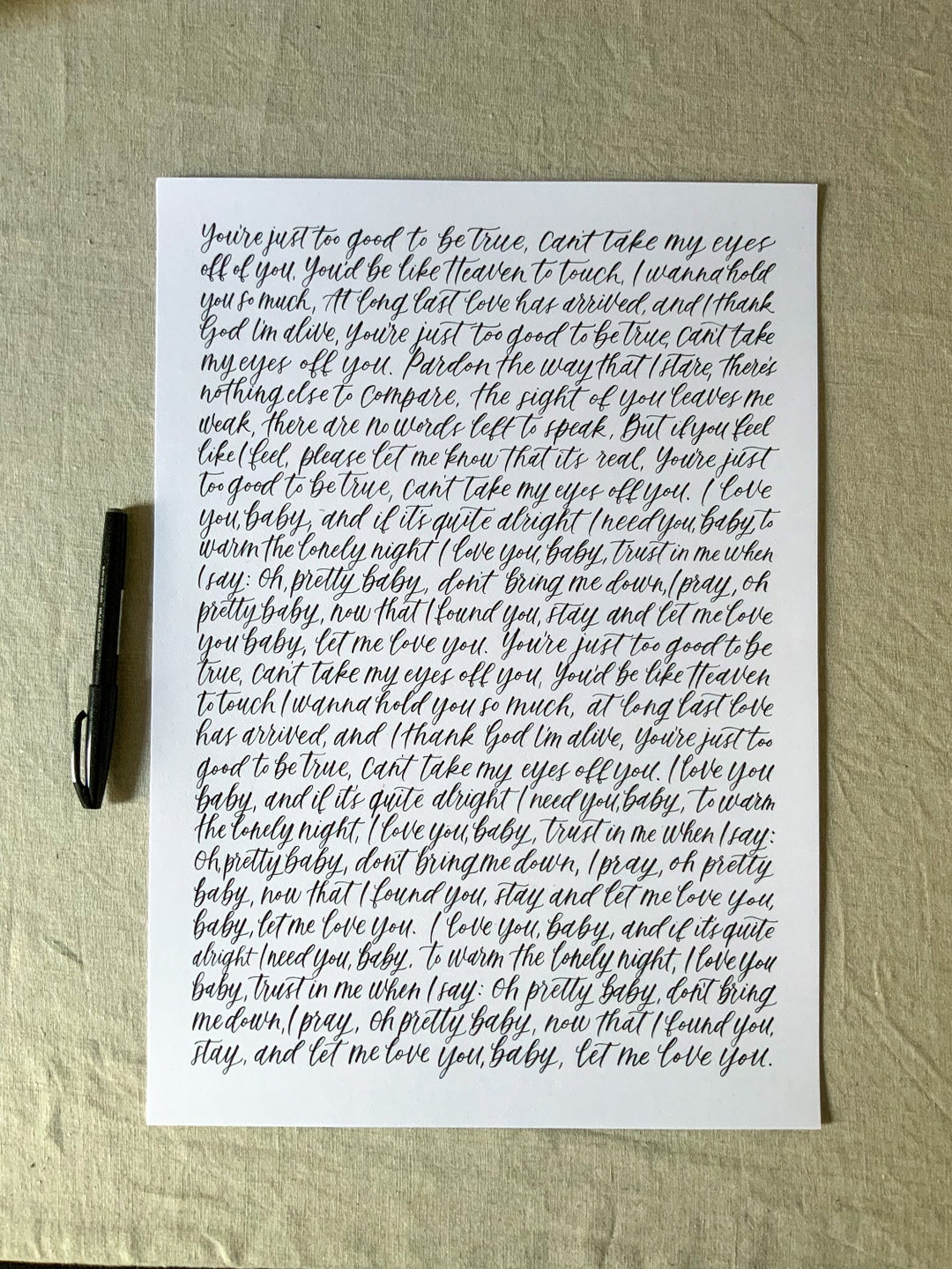 Custom Calligraphy / Handwritten Song Lyrics / Poem / Wedding Vows ...