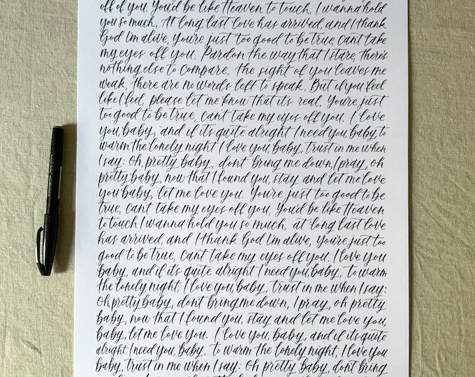 Custom Calligraphy / Handwritten Song Lyrics / Poem / Wedding Vows ...