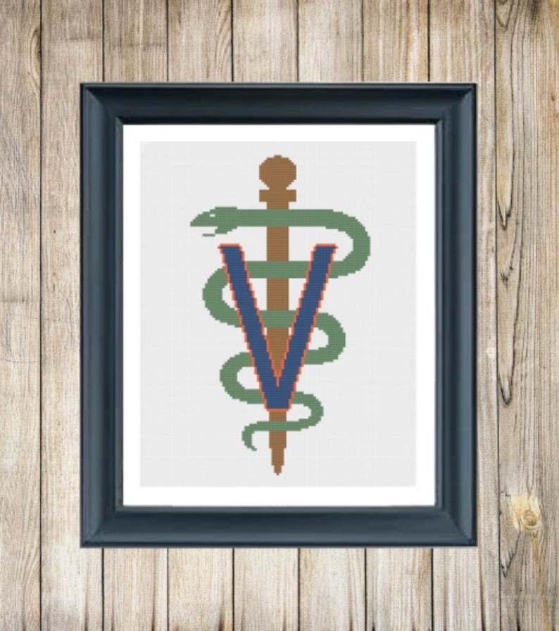 8"x10" Cross Stitch Pattern Veterinary Medicine Caduceus Symbol Home or ...