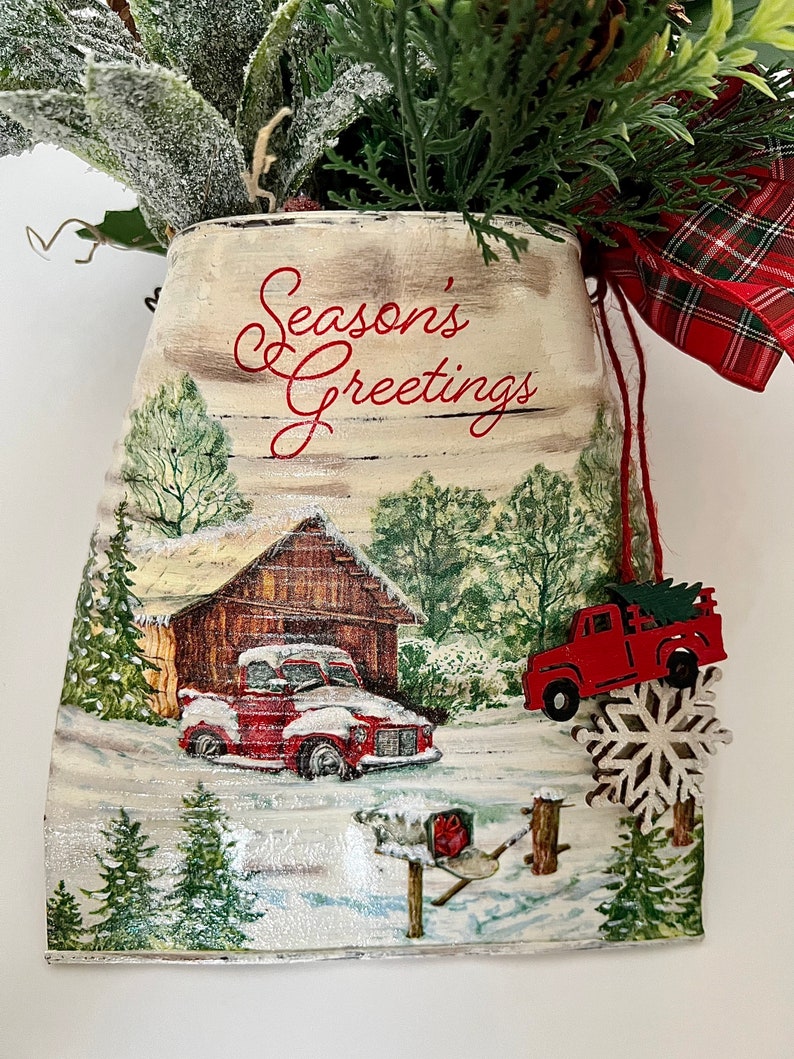 Christmas Wall Pocket Hanger, Decoupaged Smashed Can With Red Truck and ...