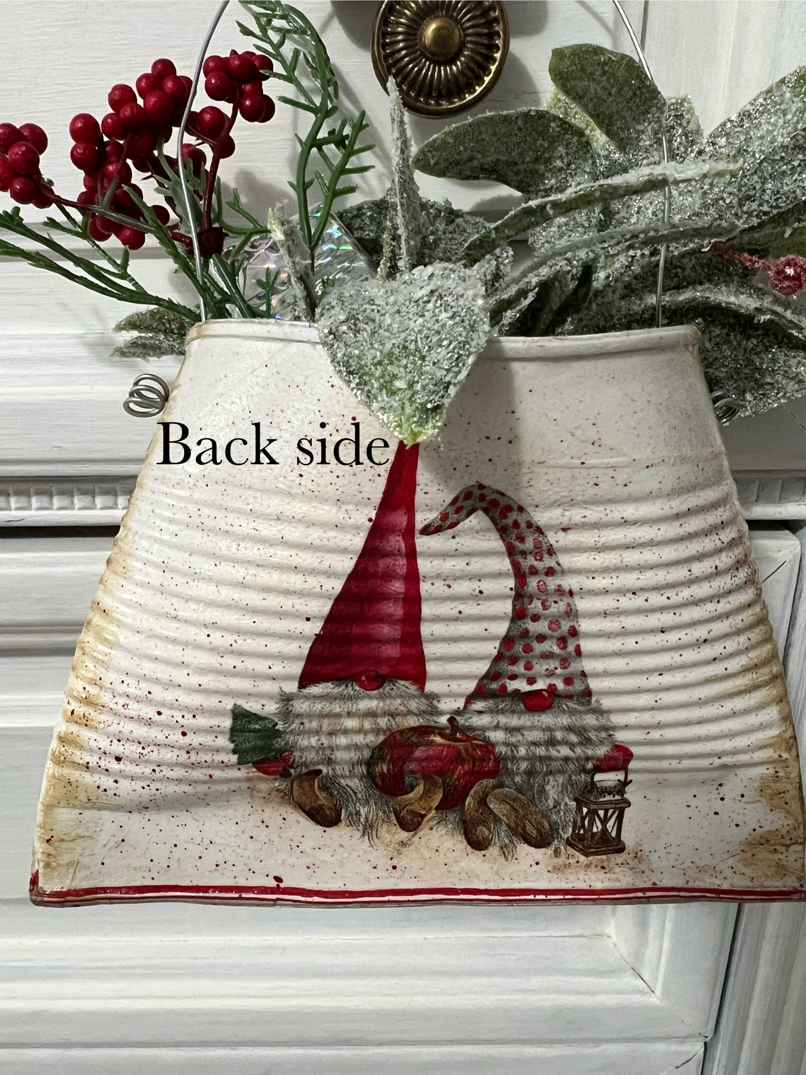 Christmas Gnomes Wall Pocket Hanger, Decoupaged Smashed Can With Gnomes ...