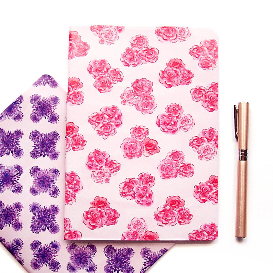 Set of Two A5 Notebooks With Floral Pattern – Pink Roses and Blue ...