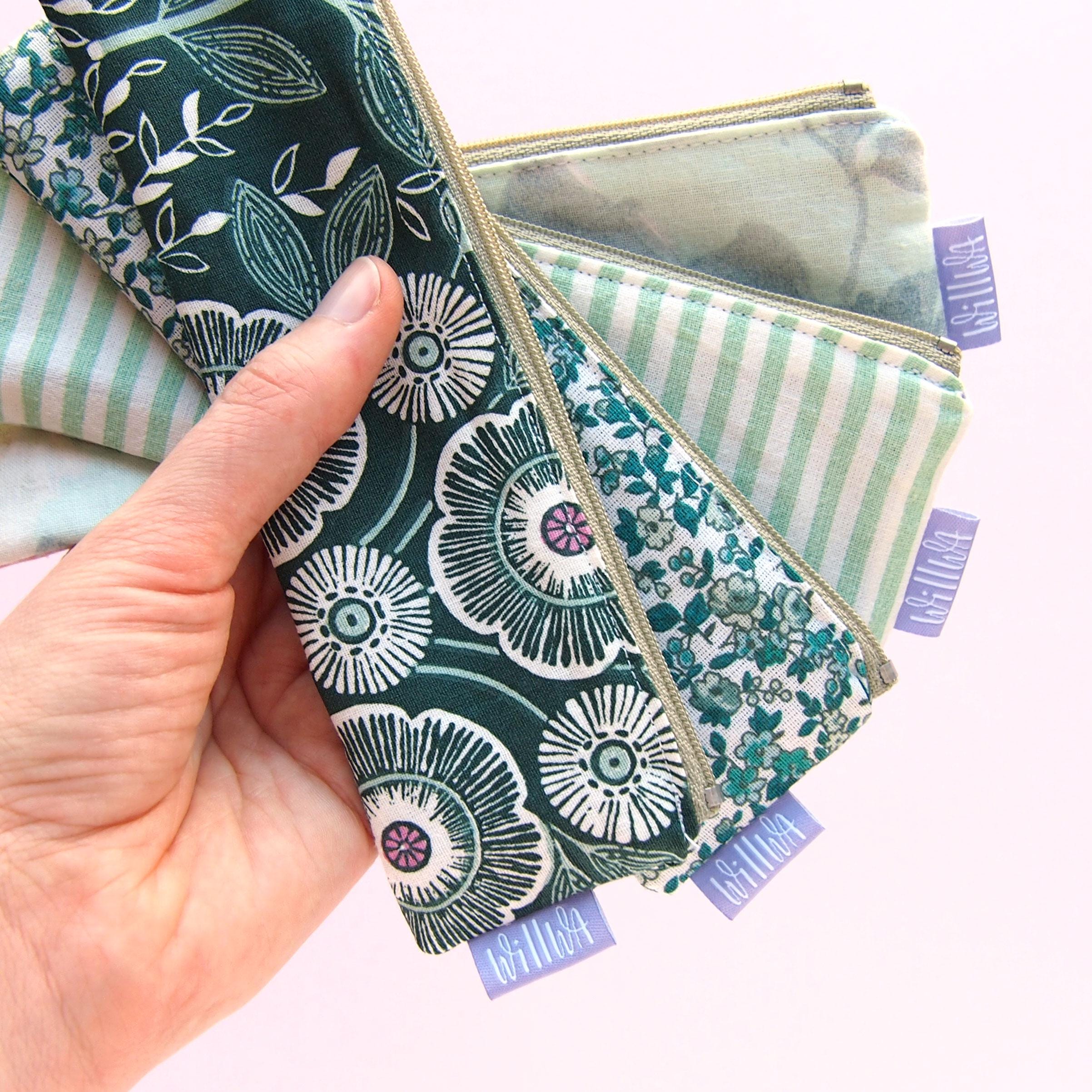 Small Pencil Case - Handmade Fabric Pen Case - Green Floral Pattern ...