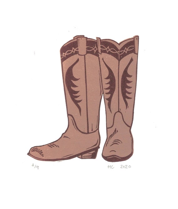 Cowboy boots lino print / Nanci Griffith-inspired handmade | Etsy