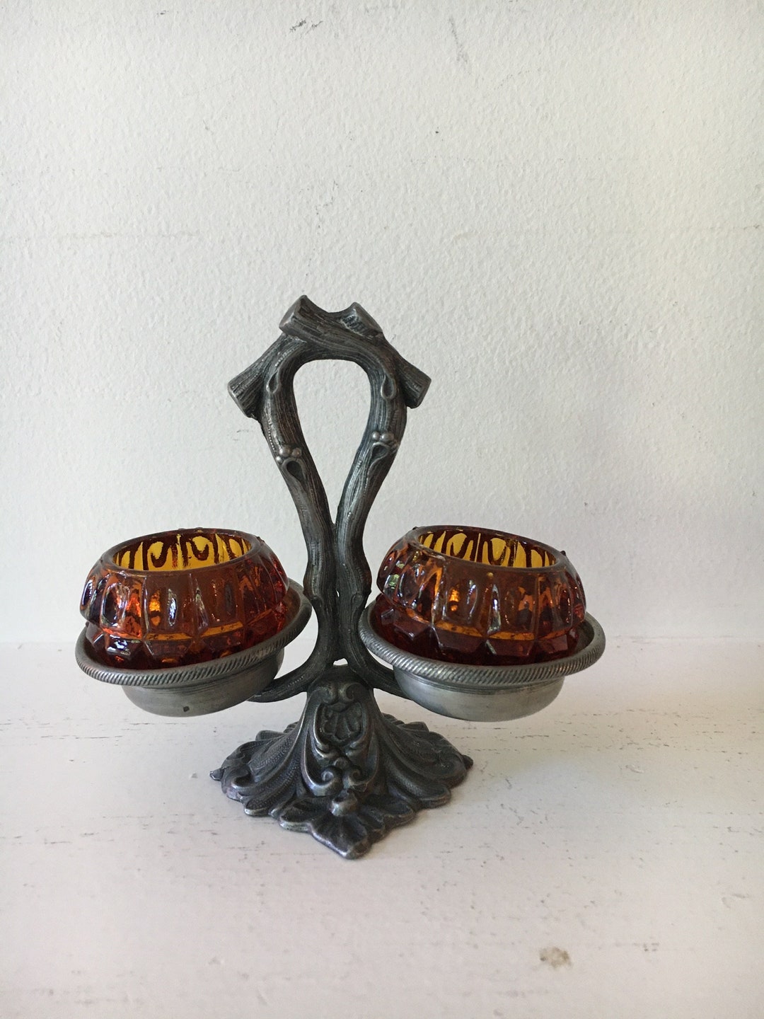 Vintage Amber Salt Cellars in Pewter Art Deco Stand - Etsy