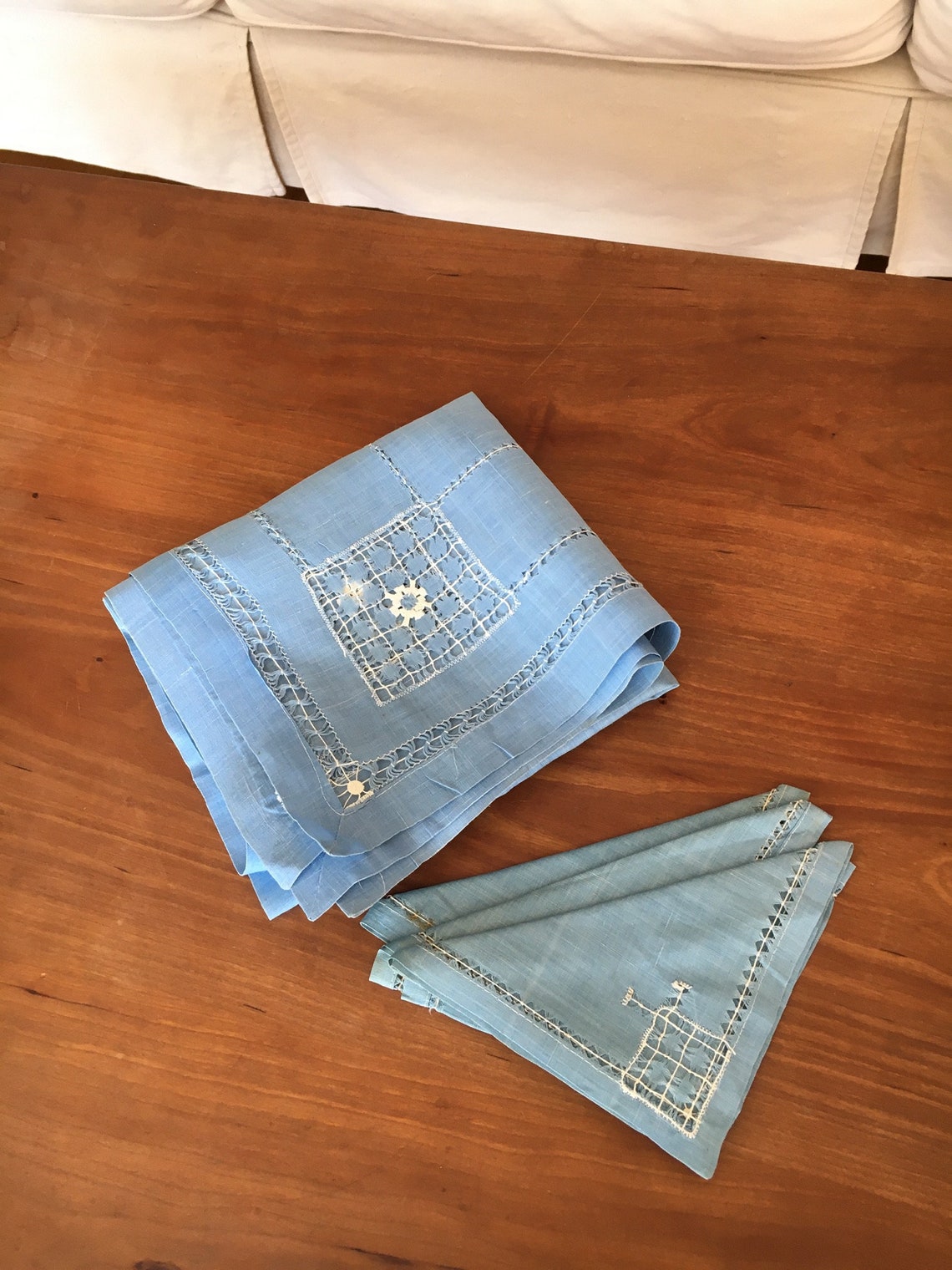 Blue Pulled Thread Cloth W 3 Napkins - Etsy