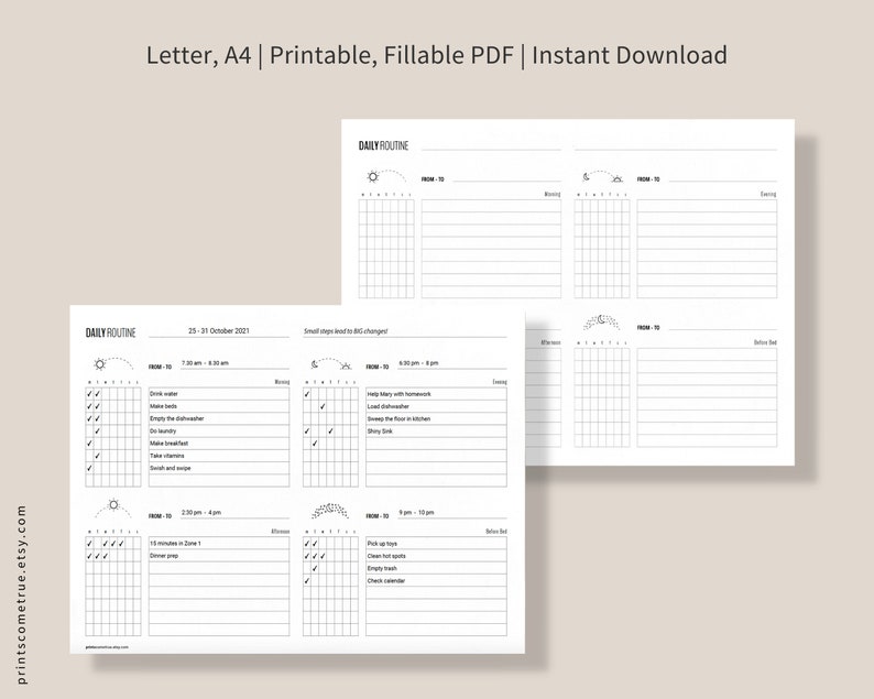 Morning, Bedtime Daily Routine Chart Printable Template Fillable PDF ...