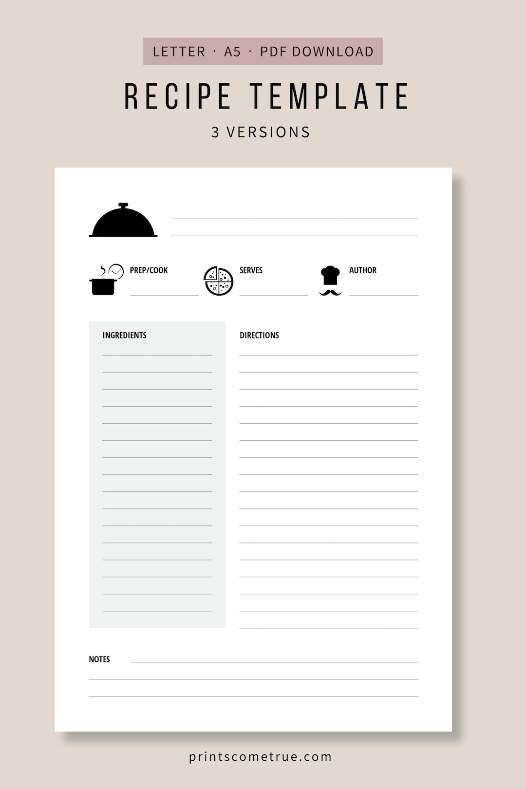 Blank Recipe Pages PDF Printable DIY Minimalist Cookbook Templates ...