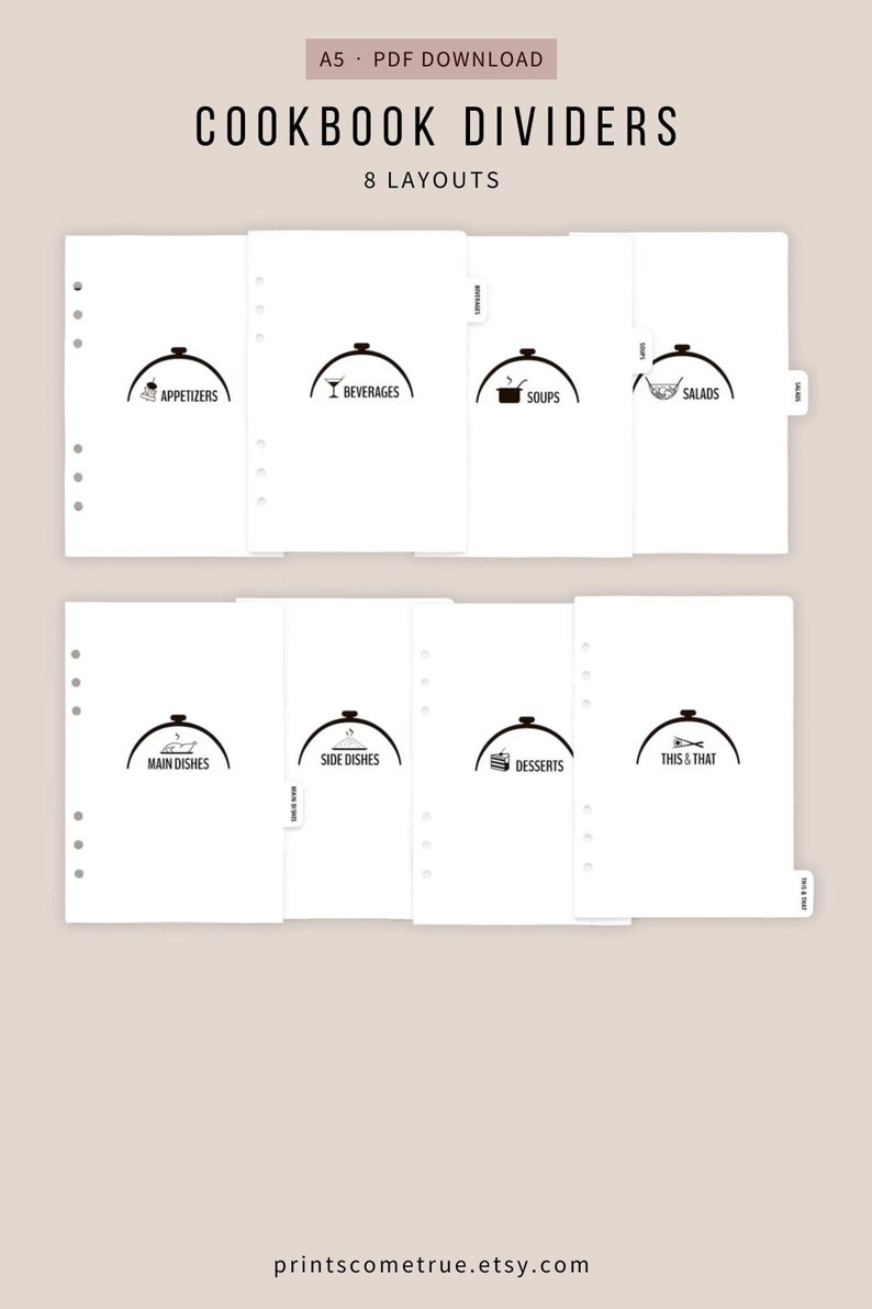 Recipe Dividers for Printable Cookbook in Minimalist and Clean | A5 ...
