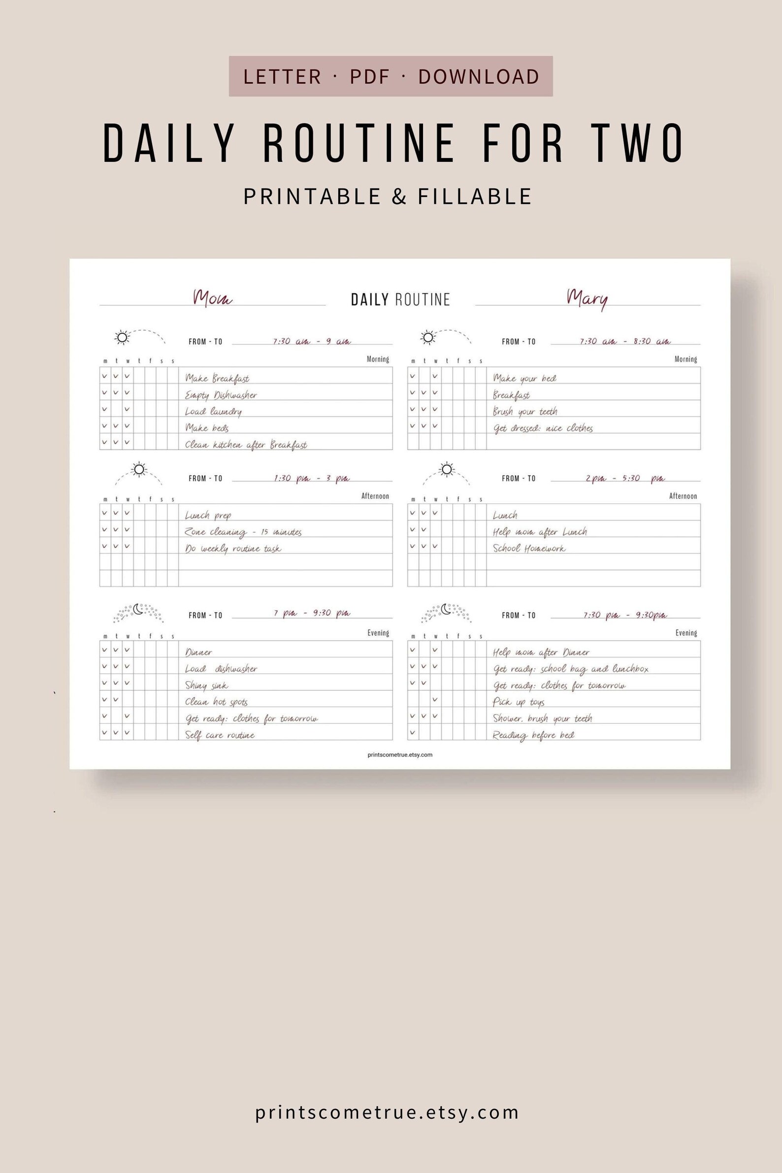 Morning, Bedtime Routine Planner | Habit Tracker Checklist for Two ...
