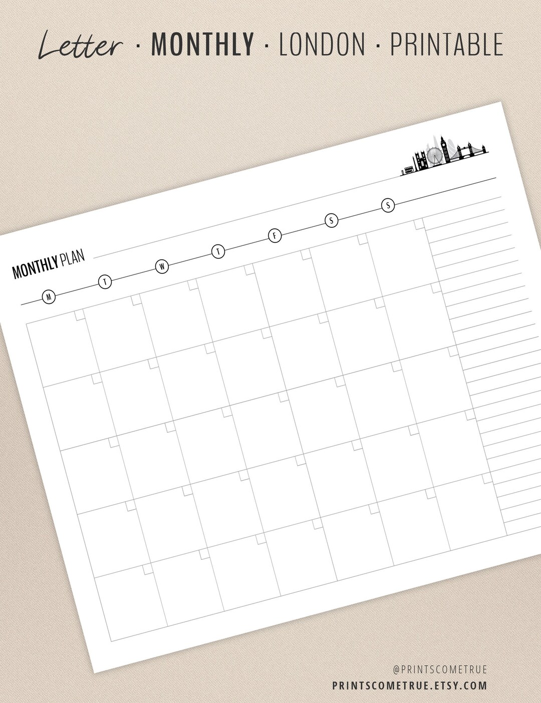 Monthly Printable Calendar London Skyline Undated Template of Monthly ...