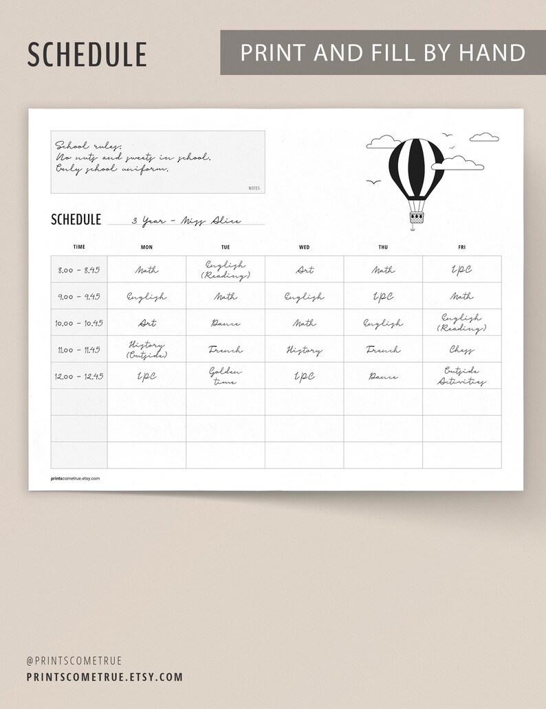 Schedule Editable PDF School Timetable, Class Schedule for Kids With ...