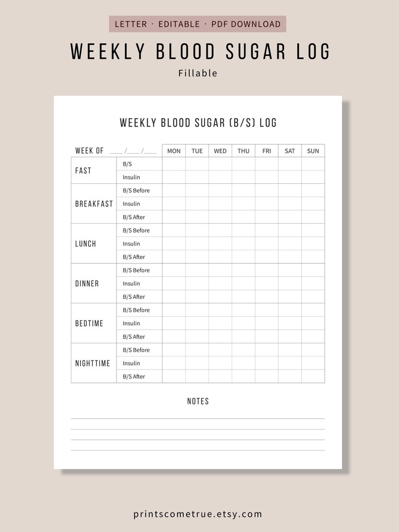Blood Sugar Log | Editable PDF | Printable US Letter (8.5 11 In) - Etsy
