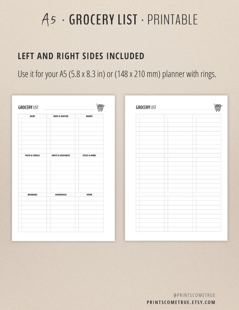 Grocery List A5 Printable Insert for Meal Planner Minimalist Shopping ...