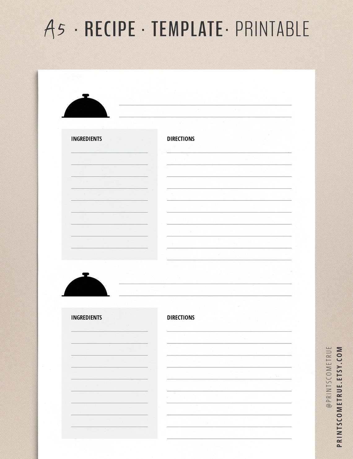 Recipe Template, Recipe Cards, Blank Recipe Pages for Cookbook in ...