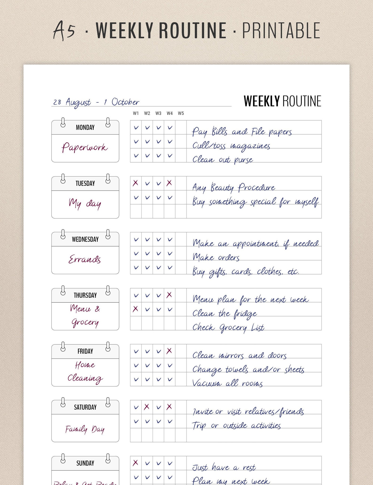 Flylady Weekly Routine for Control Journal A5 Printable - Etsy