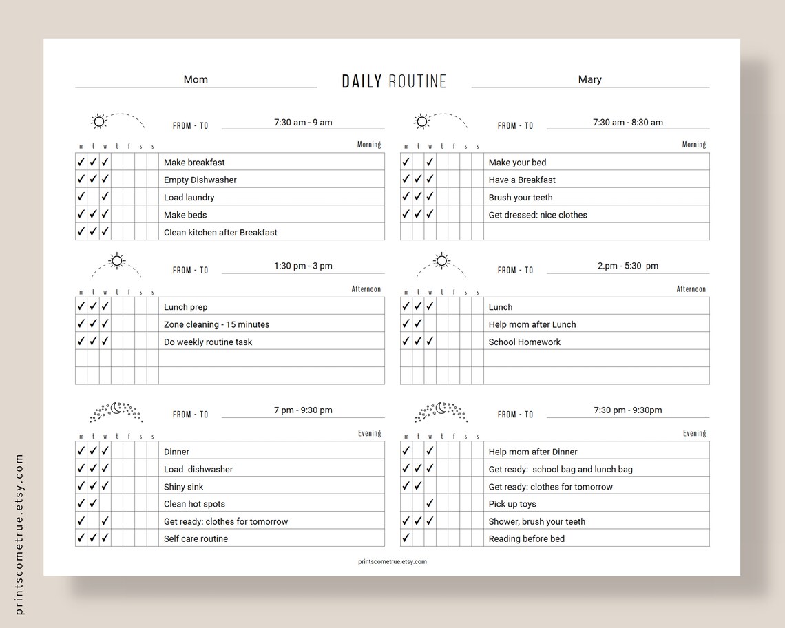 Daily Routine Chart for Kids Morning and Bedtime Routine Templates ...