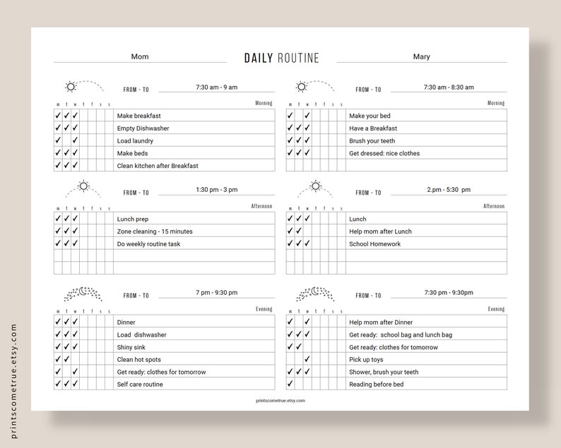 Daily Routine Chart for Kids Morning and Bedtime Routine Templates ...