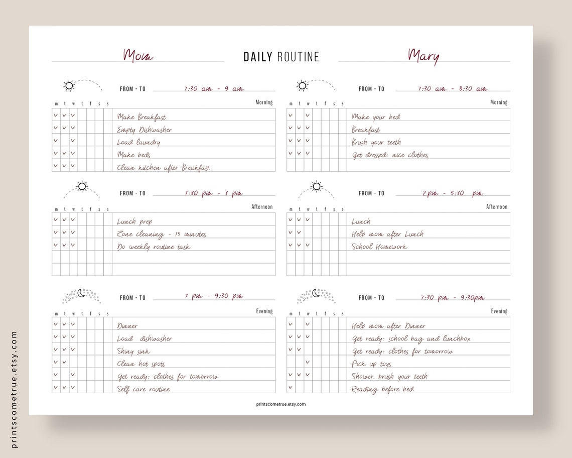 Daily Routine Chart for Kids Morning and Bedtime Routine Templates ...