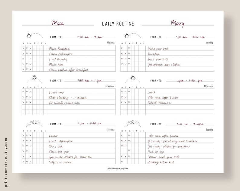Daily Routine Chart for Kids Morning and Bedtime Routine Templates ...