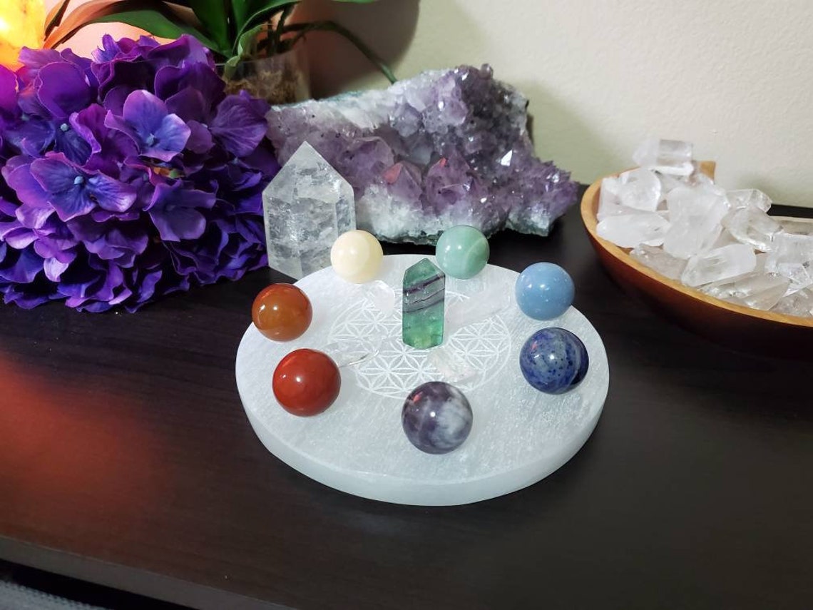 Seven chakra stone sphere set with selenite grid crystal | Etsy