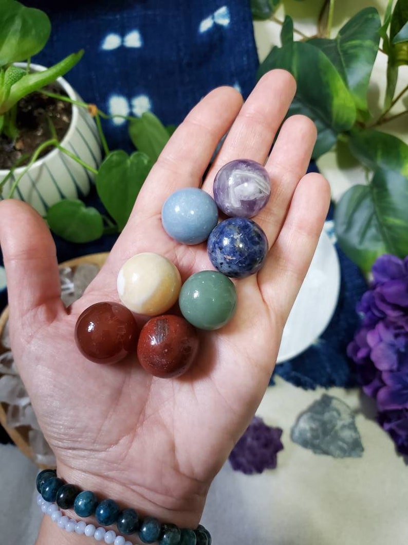 Seven Chakra Stone Sphere Set With Selenite Grid Crystal | Etsy