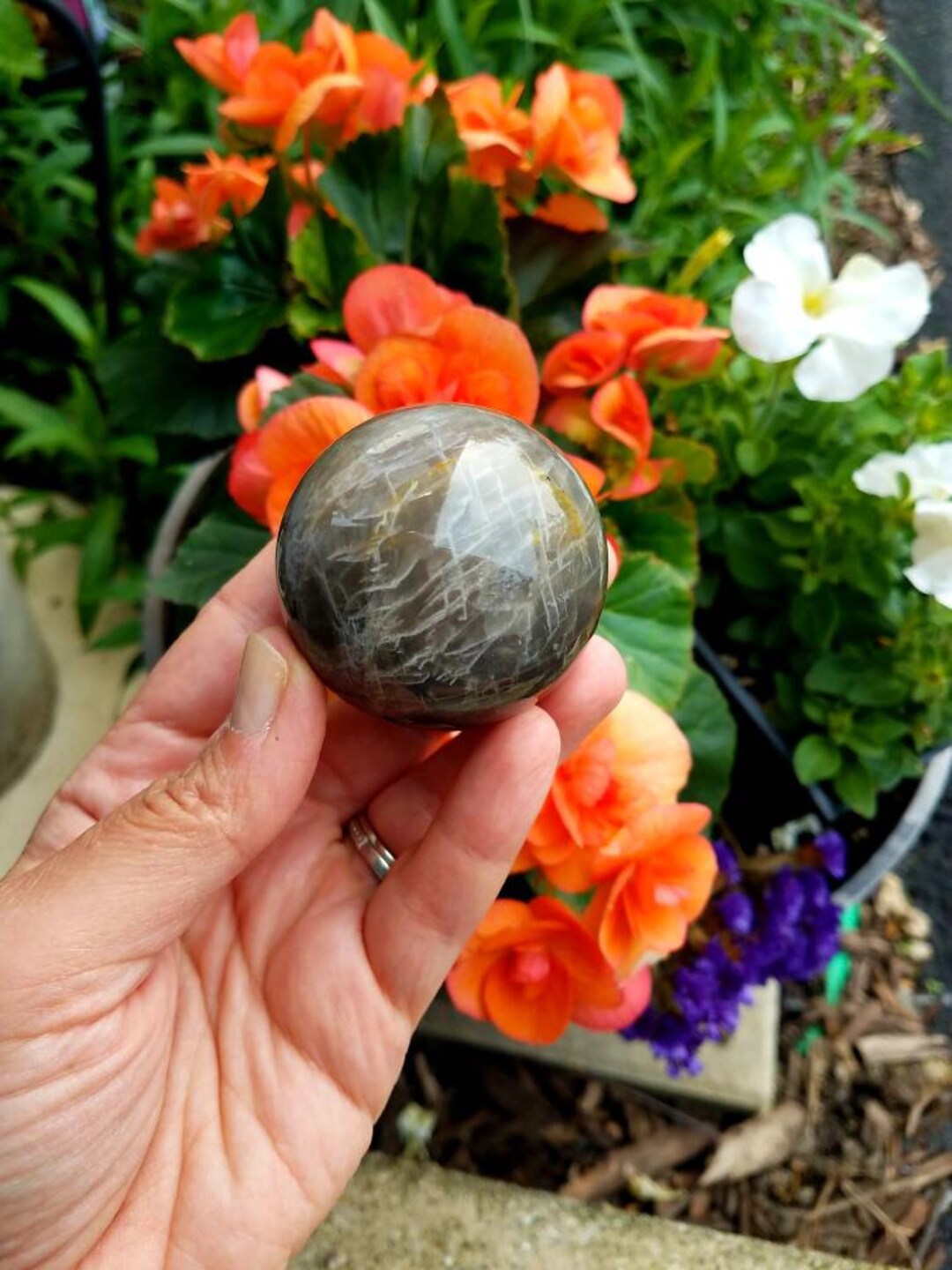 Black Moonstone Sphere #3, 58mm, With Stand, New Moon, Crystals, Moon ...