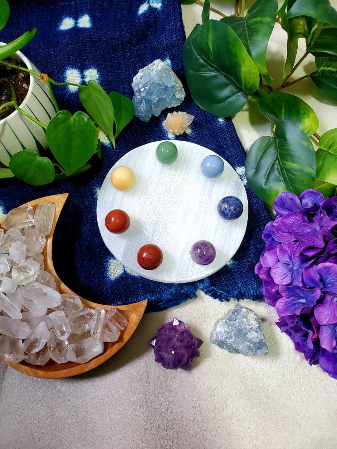 Seven Chakra Stone Sphere Set With Selenite Grid, Crystal Spheres ...