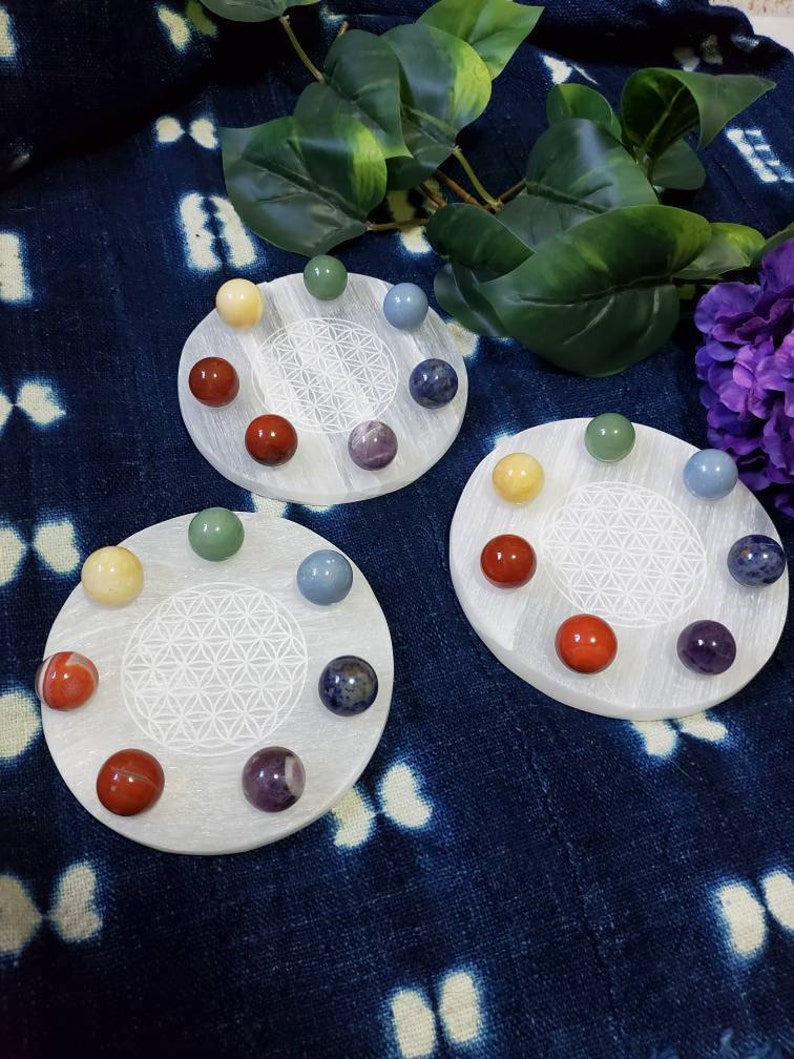 Seven Chakra Stone Sphere Set With Selenite Grid, Crystal Spheres ...