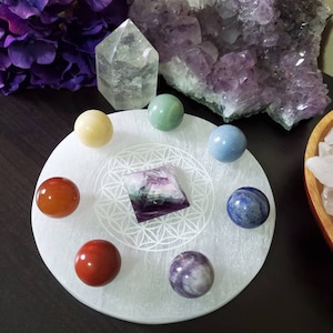 Seven Chakra Stone Sphere Set With Selenite Grid, Crystal Spheres ...