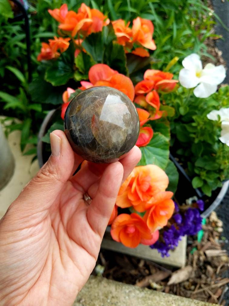 Black Moonstone Sphere #3, 58mm, With Stand, New Moon, Crystals, Moon ...
