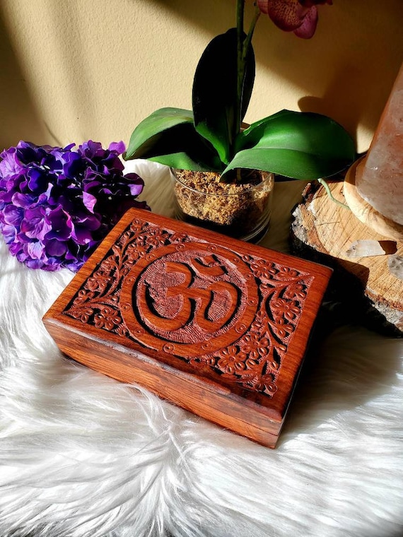 Om shisham wood box hand carved in India namaste jewelry | Etsy