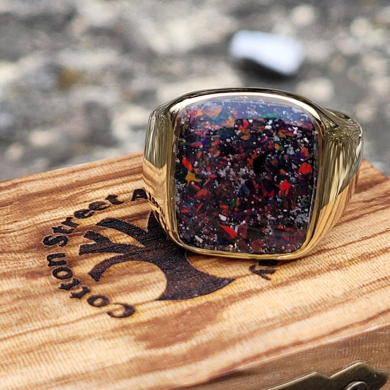 Men's 14K Gold Plated Memorial Ring – Cremation Ash & Opals Signet ...