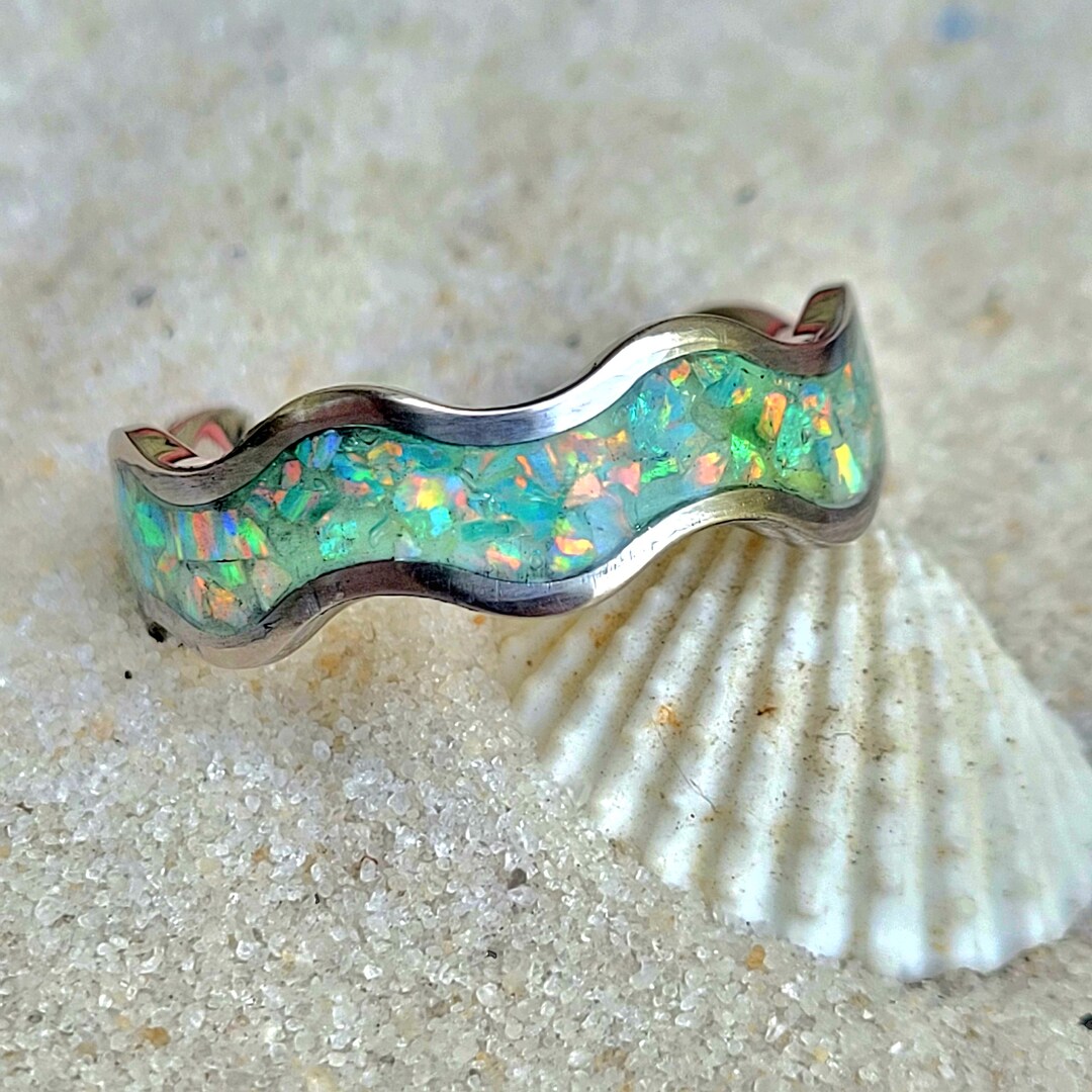 The Sand & Suds Handmade Opal Ring * Green Glowing Titanium Ring W ...