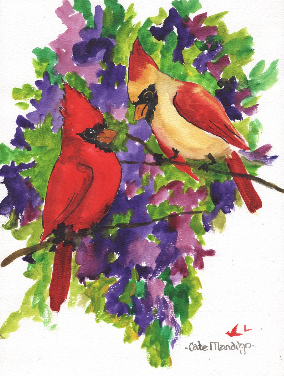A Happy Cardinal Couple in Purple Flowers Painting, 9x12 Inch Cate ...