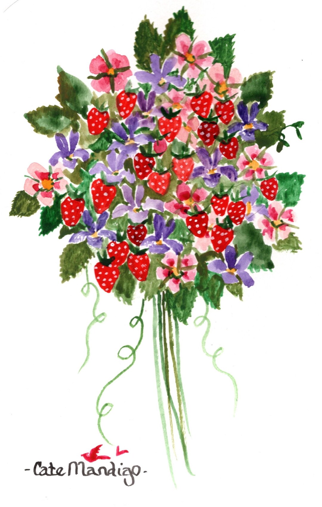 Strawberries, Violets Original Floral Art, Cate Mandigo Flower Painting ...