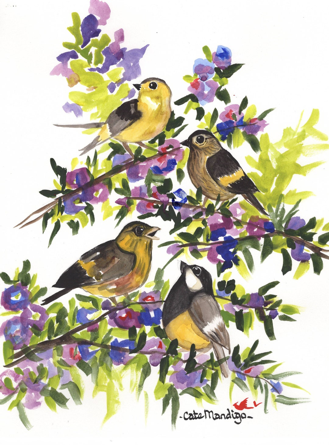 Finch Party Yellow Finches in Purple and Blue Flowers, 11x14 Inch Cate ...